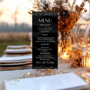 Editable Black Menu Card Template, Elegant Black Satin & Glitter Design ...