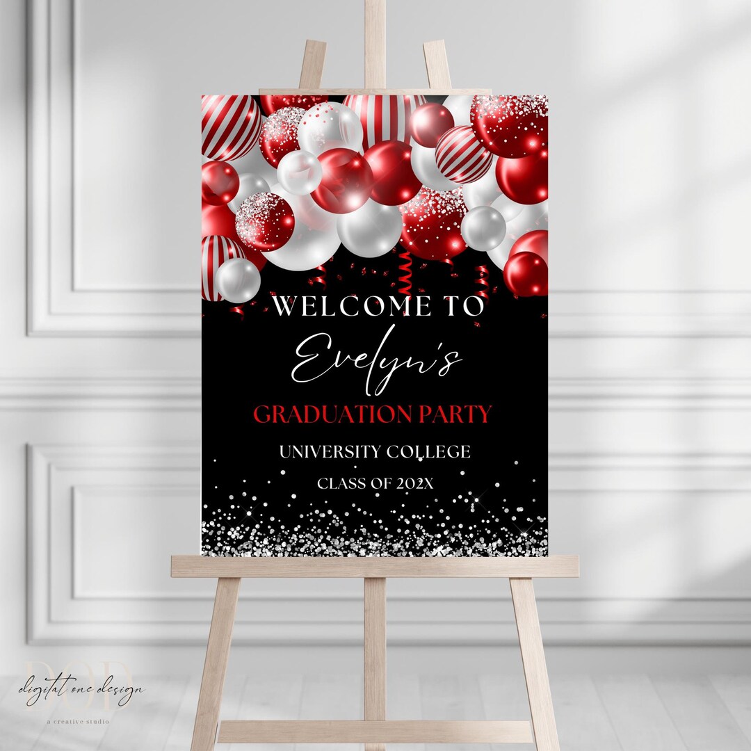 Editable Graduation Party Welcome Sign, Red and Silver Balloons Arch ...