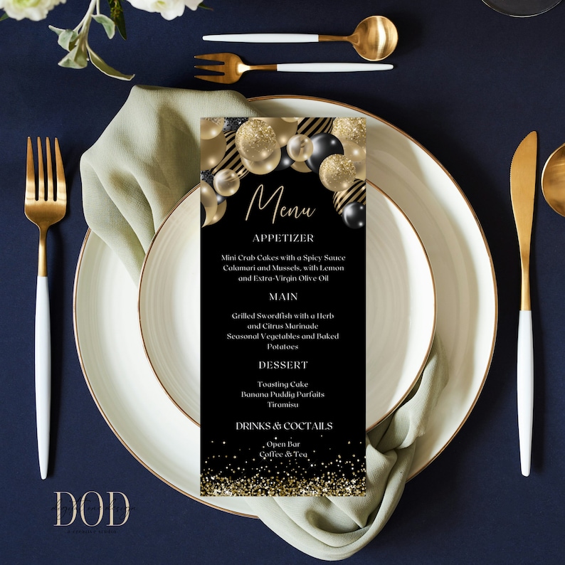 Editable Dinner Party Menu Template, Gold & Black Balloons Theme ...