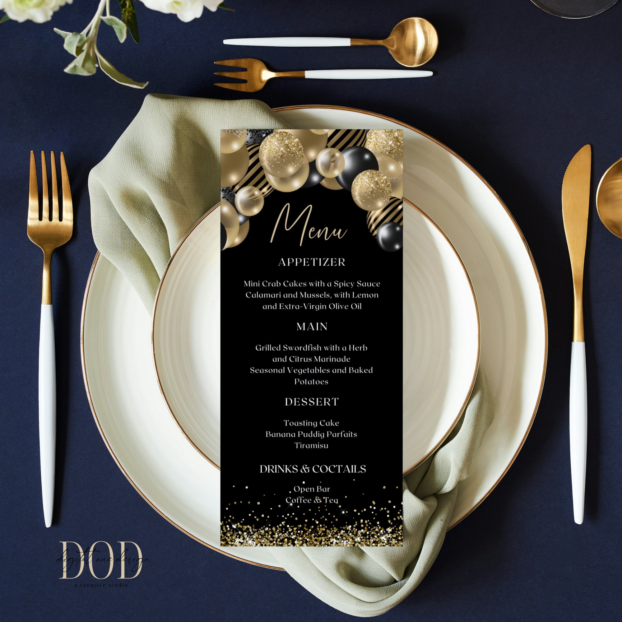 Editable Dinner Party Menu Template, Gold & Black Balloons Theme ...
