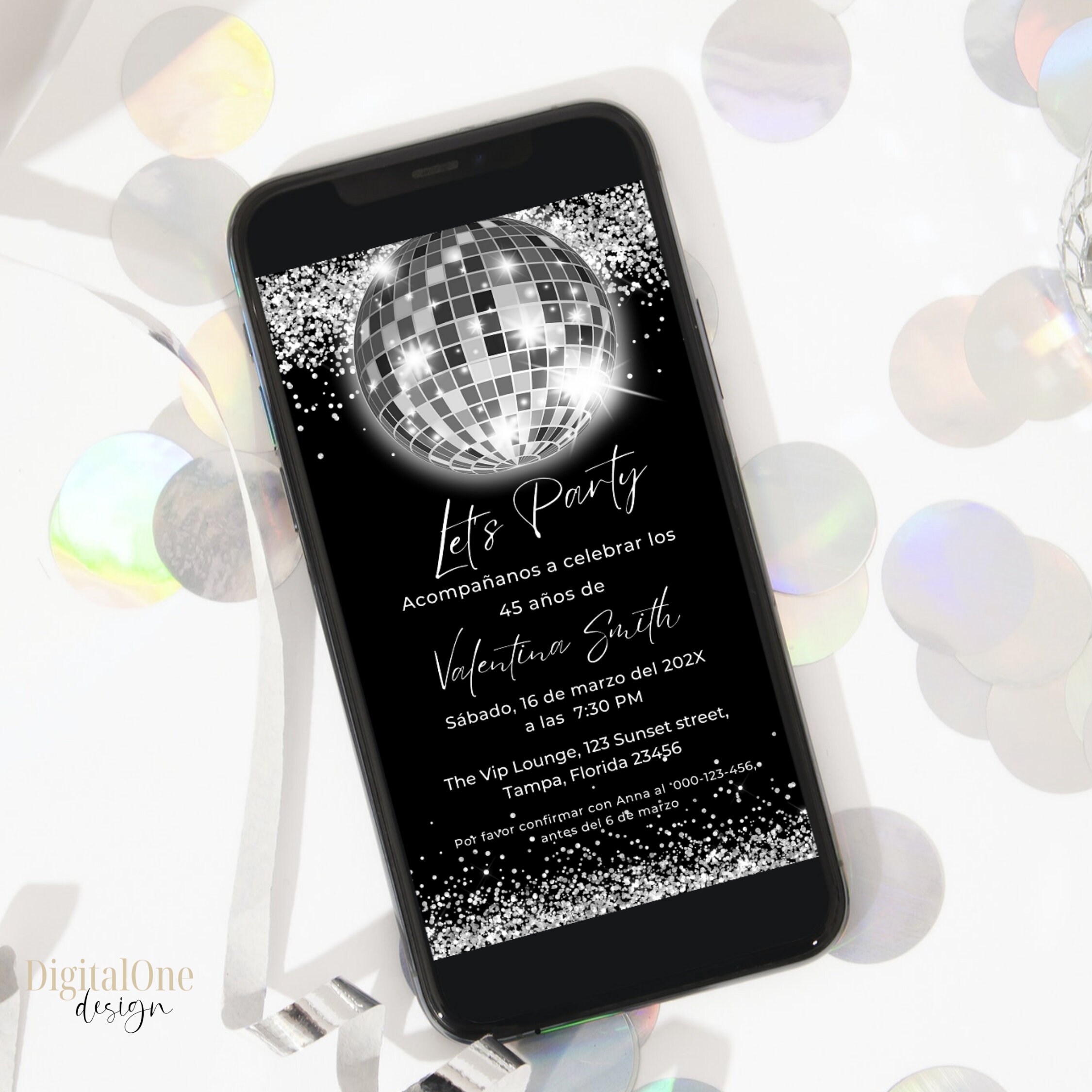 Spanish Disco Party Birthday Invitation, Disco Ball Silver, Any Age ...