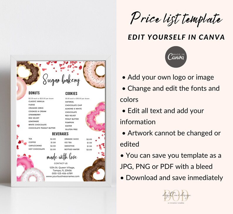 Donuts Valentine's Price List Template, Sweet Bakery Menu Template ...