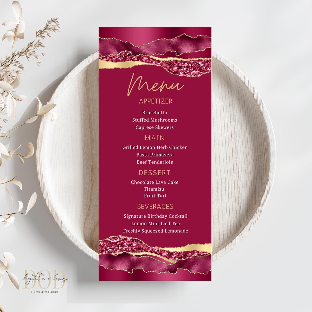 Editable Burgundy and Gold Menu Card Template, Modern Table Decoration ...