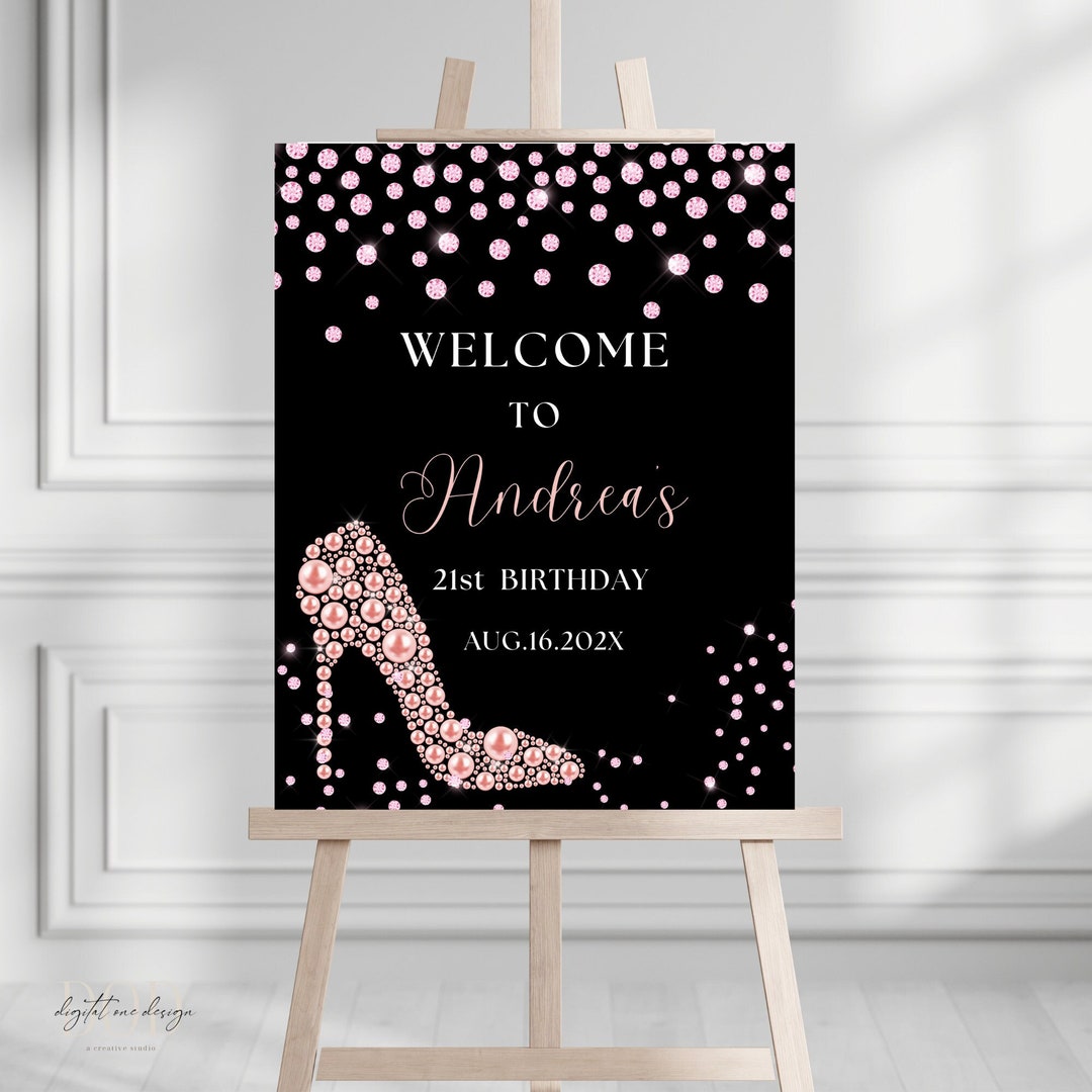 Chic Pink Diamond Birthday Sign, Elegant High Heel Themed Welcome Decor ...