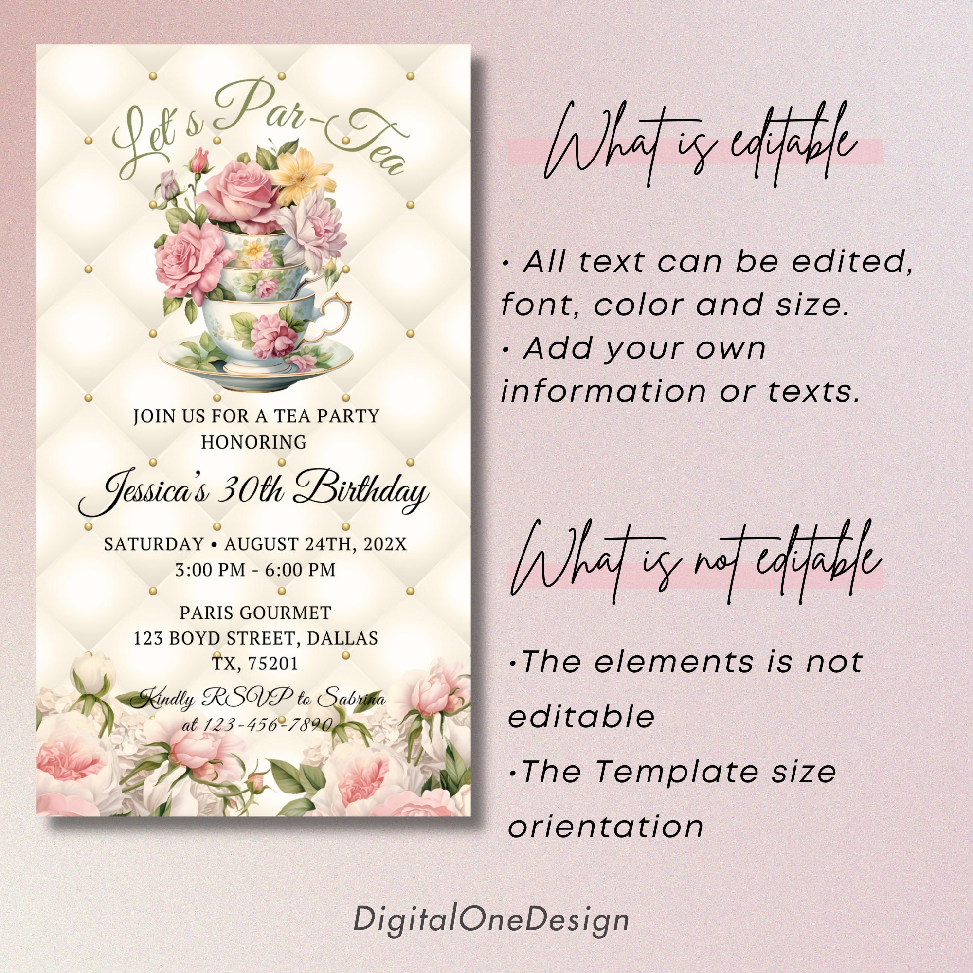 Charming Birthday Par-tea Invitation, Elegant High Tea Party Invite ...