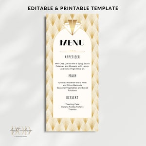Elegant Art Deco Menu Card Template, Gold and White Menu, Gatsby 1920s ...