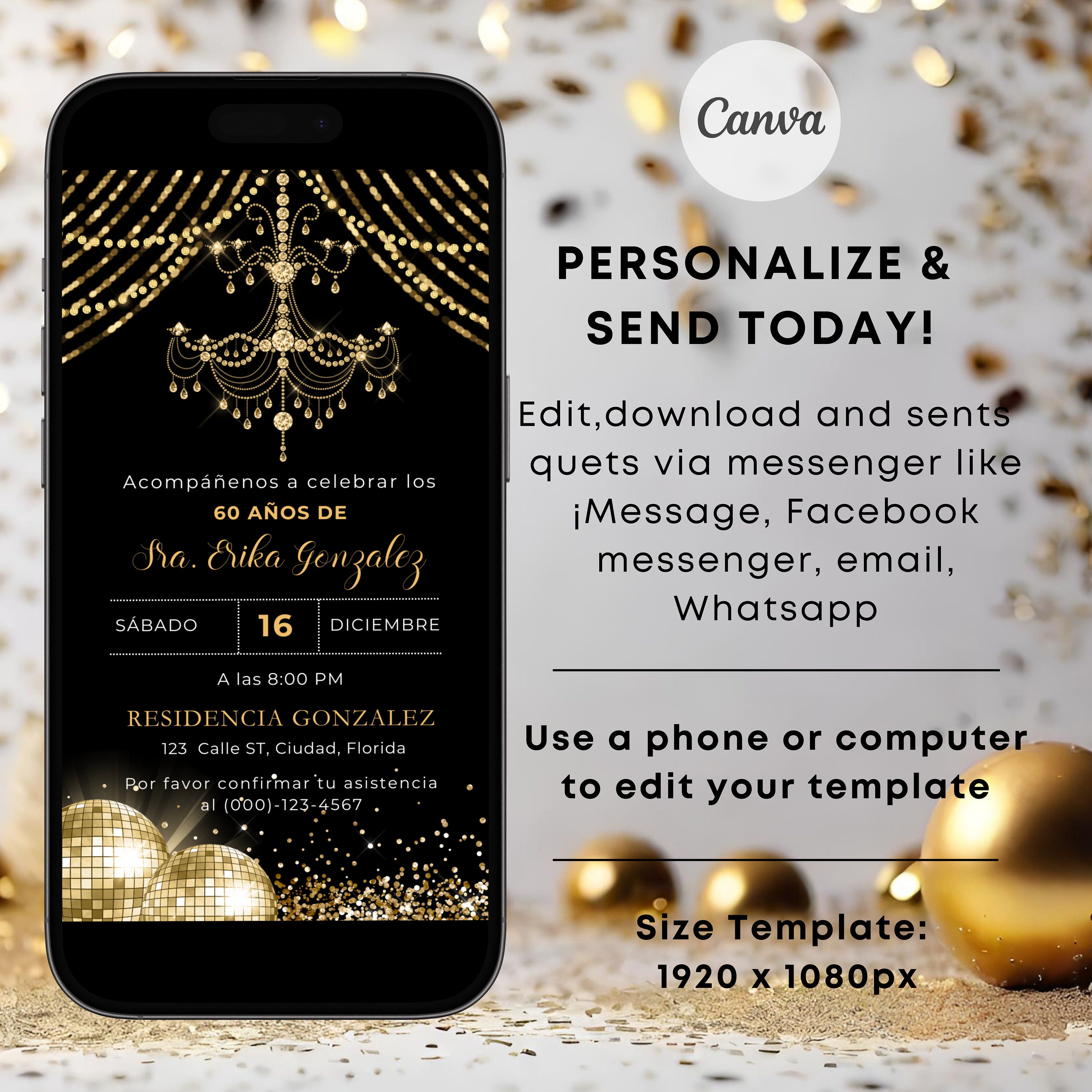 Spanish Birthday Party Invitation Chandelier Glitter Gold - Etsy