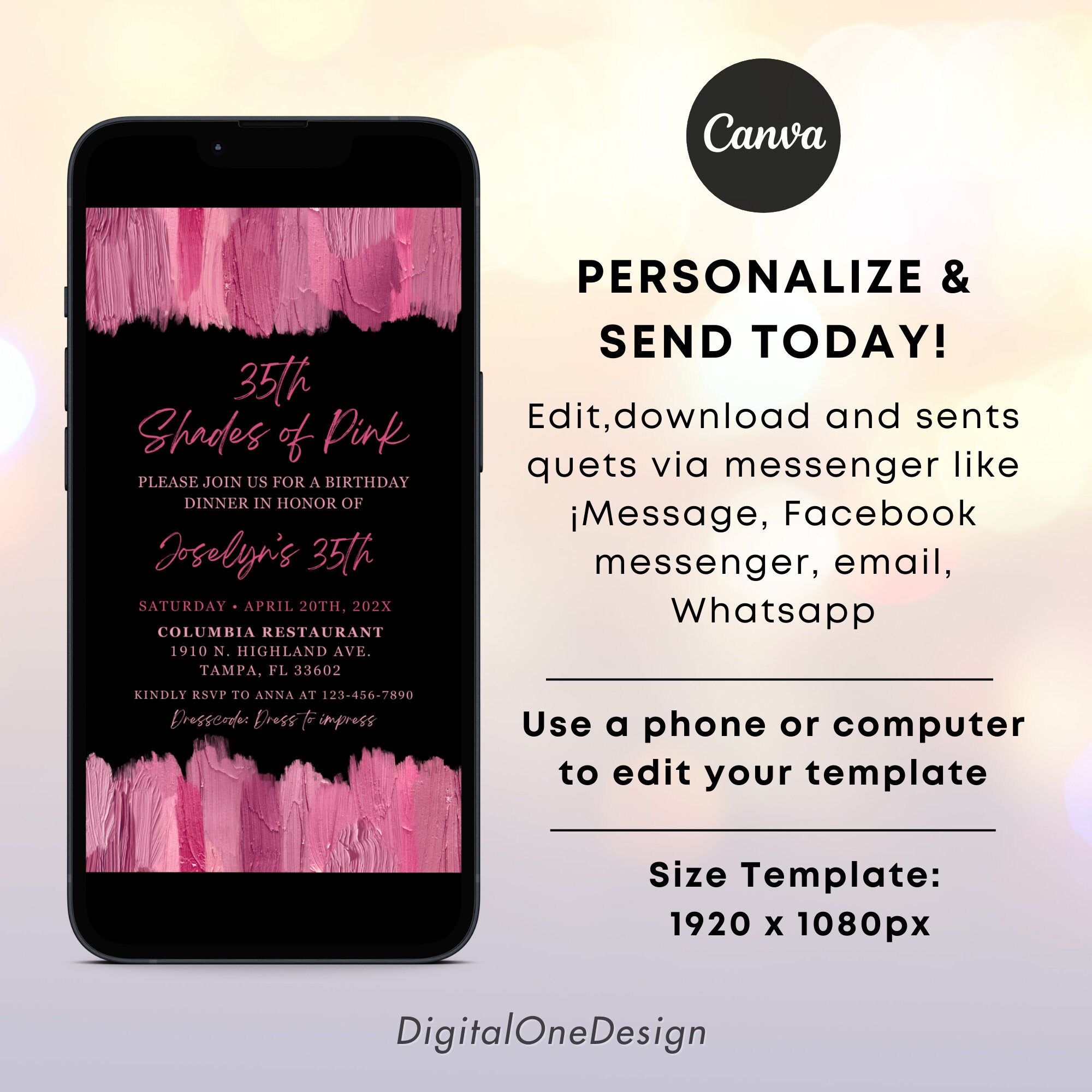 Digital Shades of Pink Birthday Dinner Invitation, Paint Brush Stroke ...