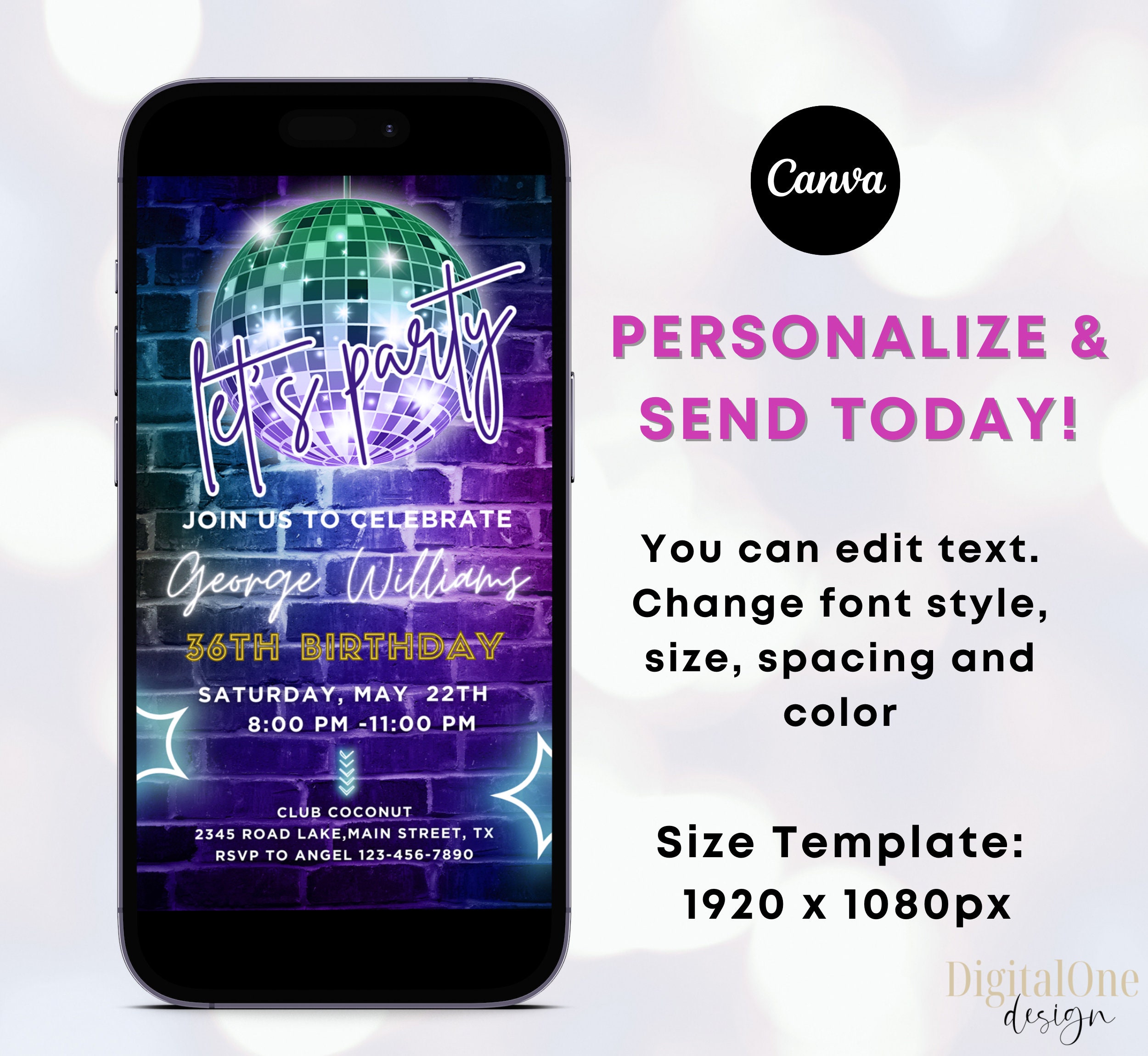 Disco Birthday Invitation, Electronic Neon Birthday Invitation, Disco ...