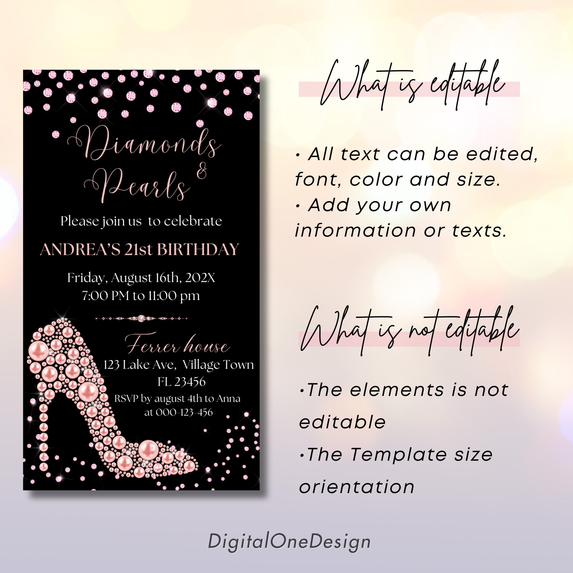 Elegant Pink Diamonds & Pearls Invitation, Glamorous Pink Heel Pearls ...