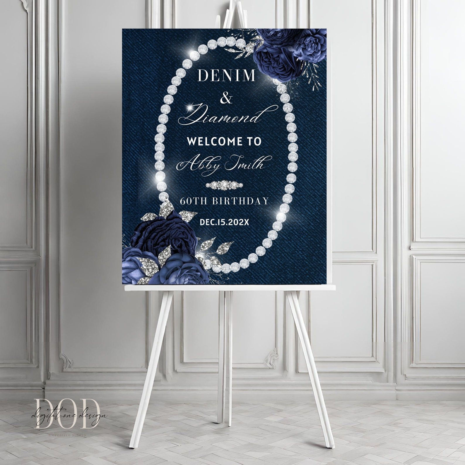 Denim & Diamond Editable Birthday Sign, Glam Blue Jeans Theme Welcome ...