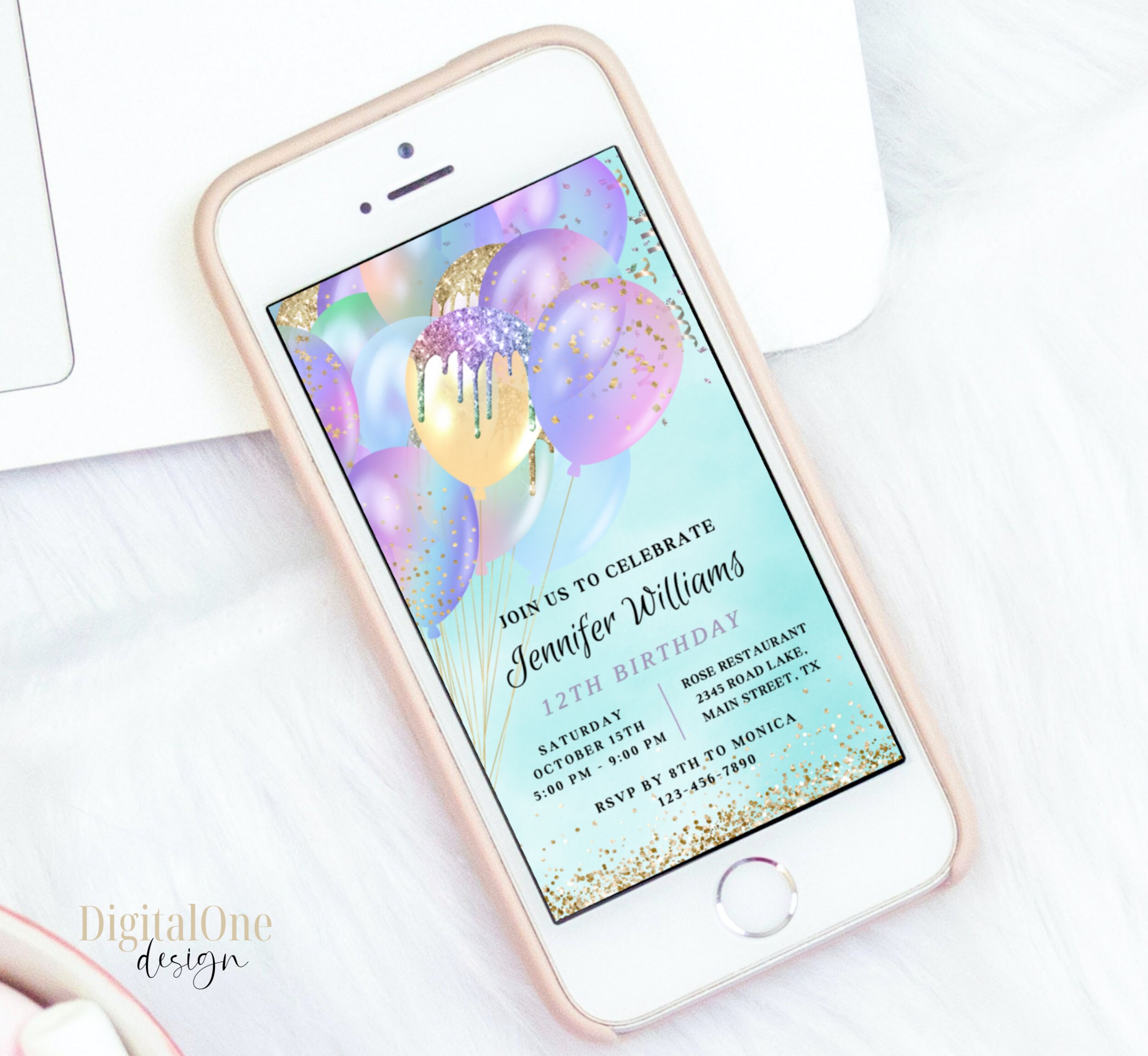 Digital Balloons Birthday Party Invitation Iridescent - Etsy