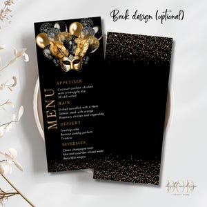 Editable Masquerade Menu Card Template, Gold Masquerade and Glitter ...