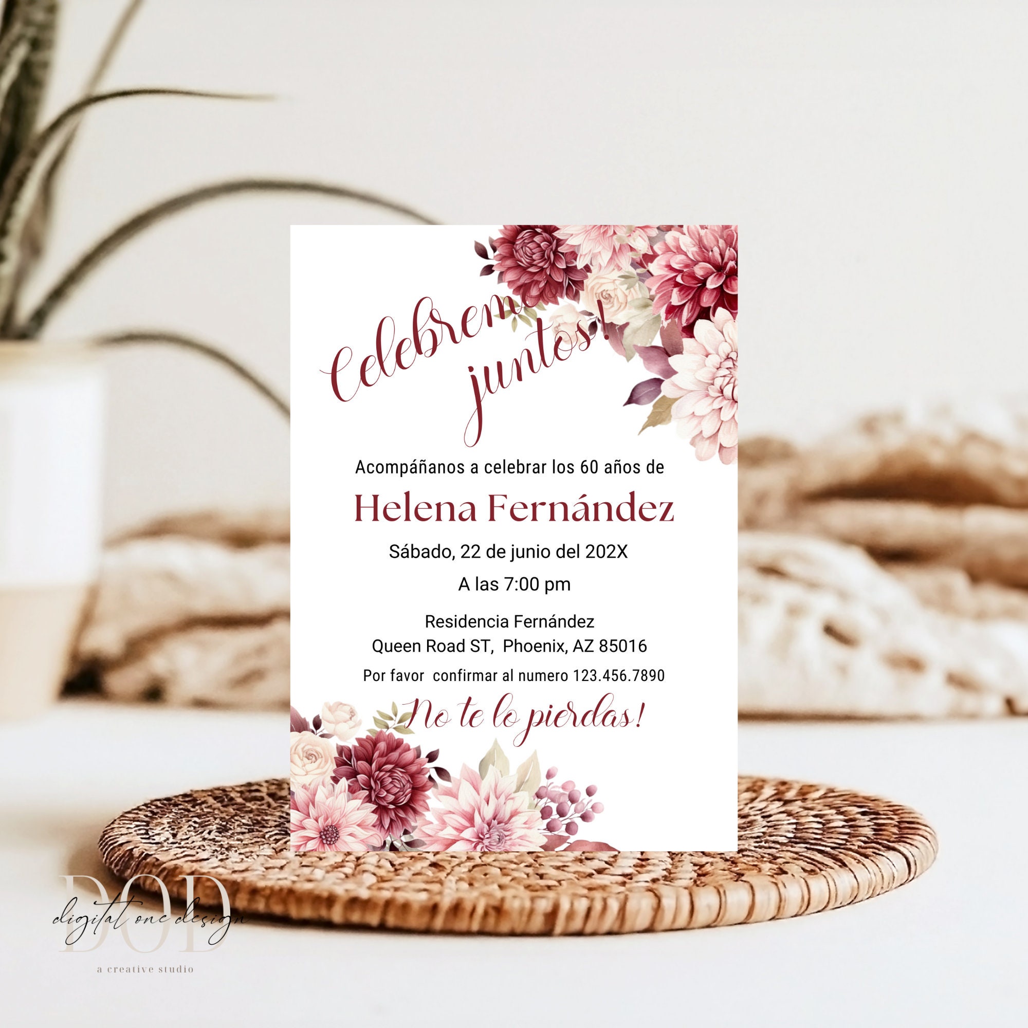 Editable Spanish Birthday Invitation, Dhalias Burgundy and Pink ...