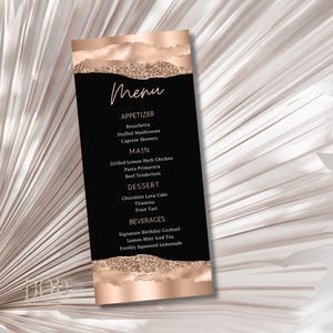 Glam Rose Gold Menu Card Template, Rose Gold & Black Theme Party ...