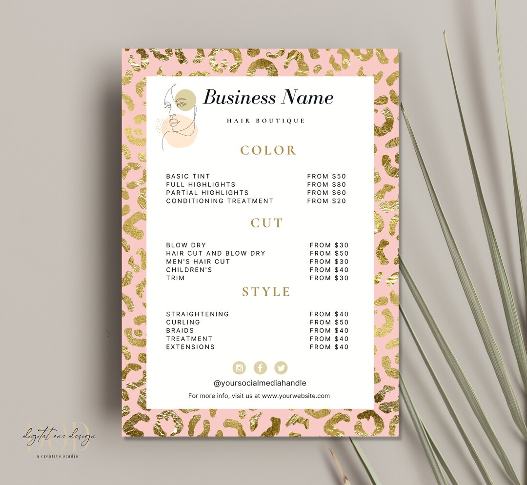 Price List Template, Hair Pricing Sheet, Salon Makeup Beauty Nail Price ...