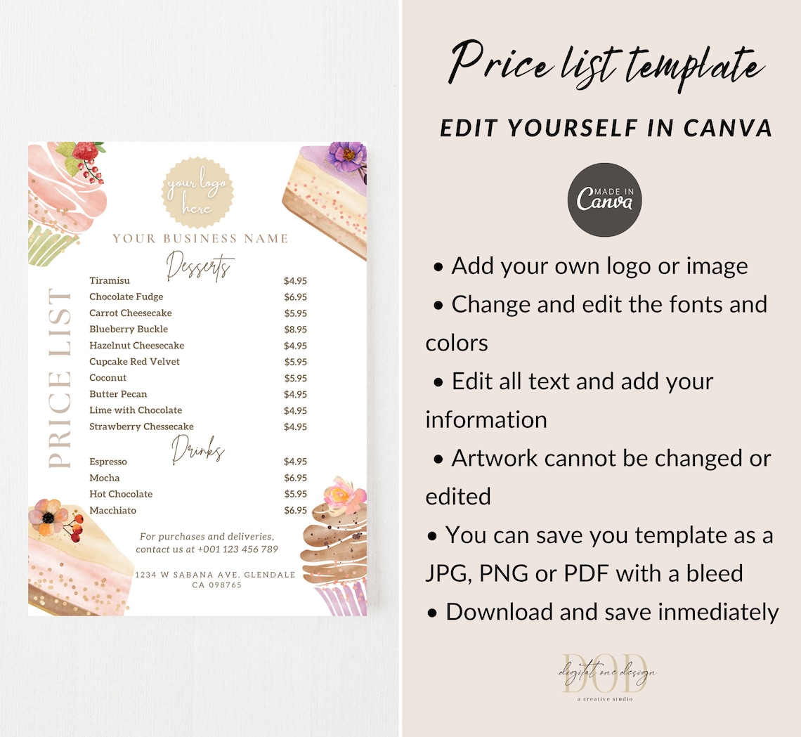 Dessert Price List Template Editable Menu Template Bakery - Etsy