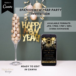 Spanish New Year's Party Invitation, Gold Glitter Balloons Clock ...