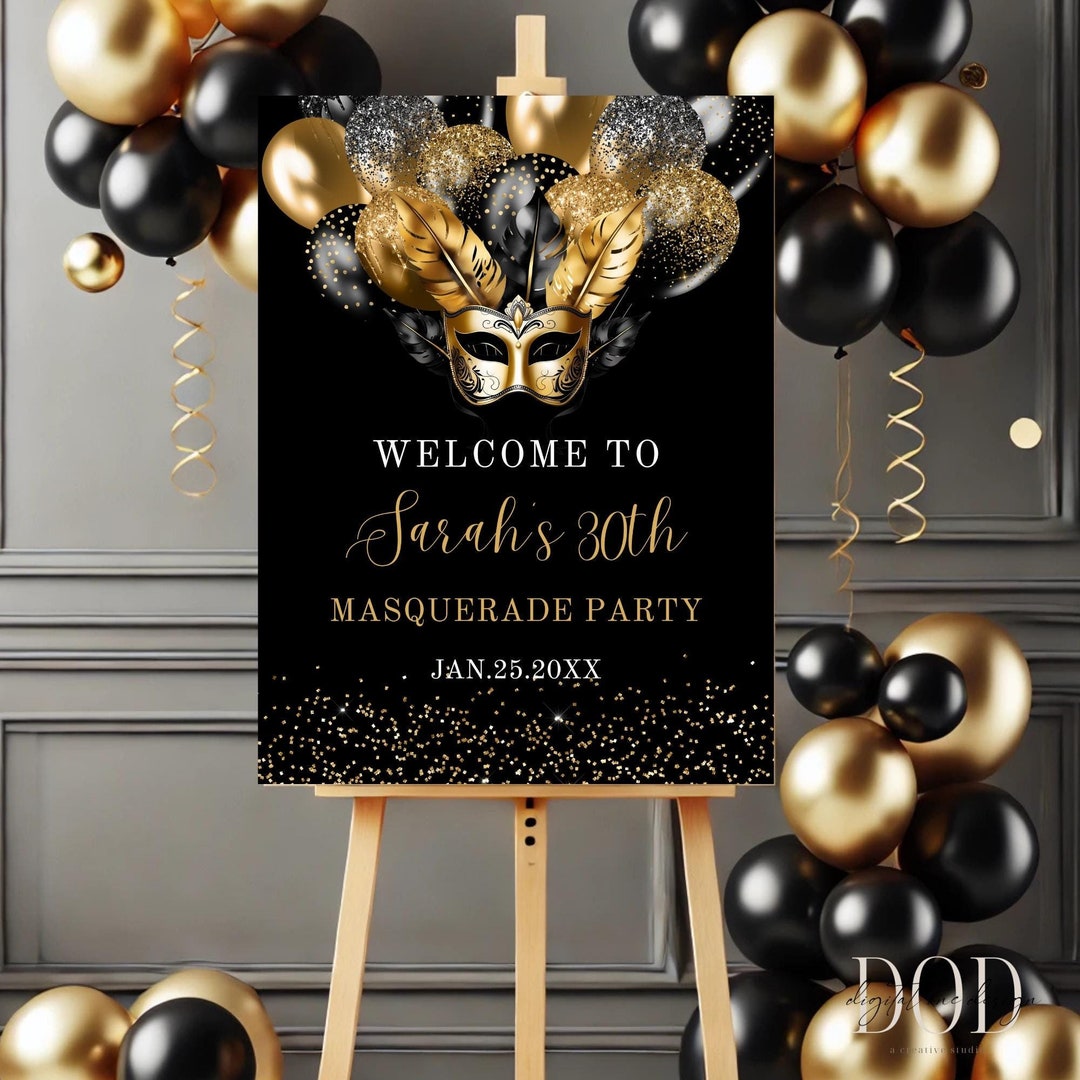 Masquerade Party Welcome Sign Black and Gold Mask Welcome Sign ...