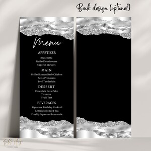 Silver and Black Menu Card Template, Editable Birthday Dinner Menu ...
