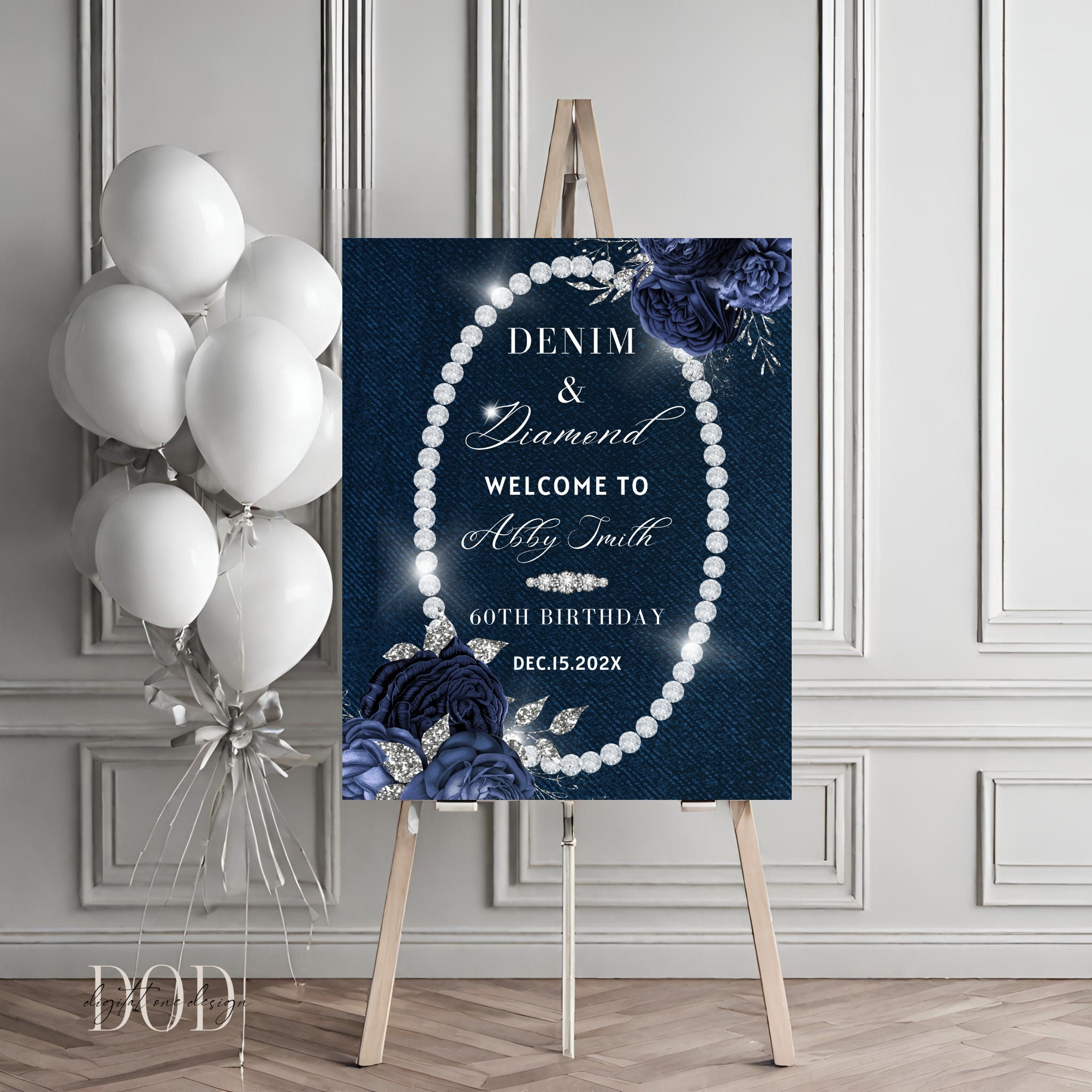 Denim & Diamond Editable Birthday Sign, Glam Blue Jeans Theme Welcome ...