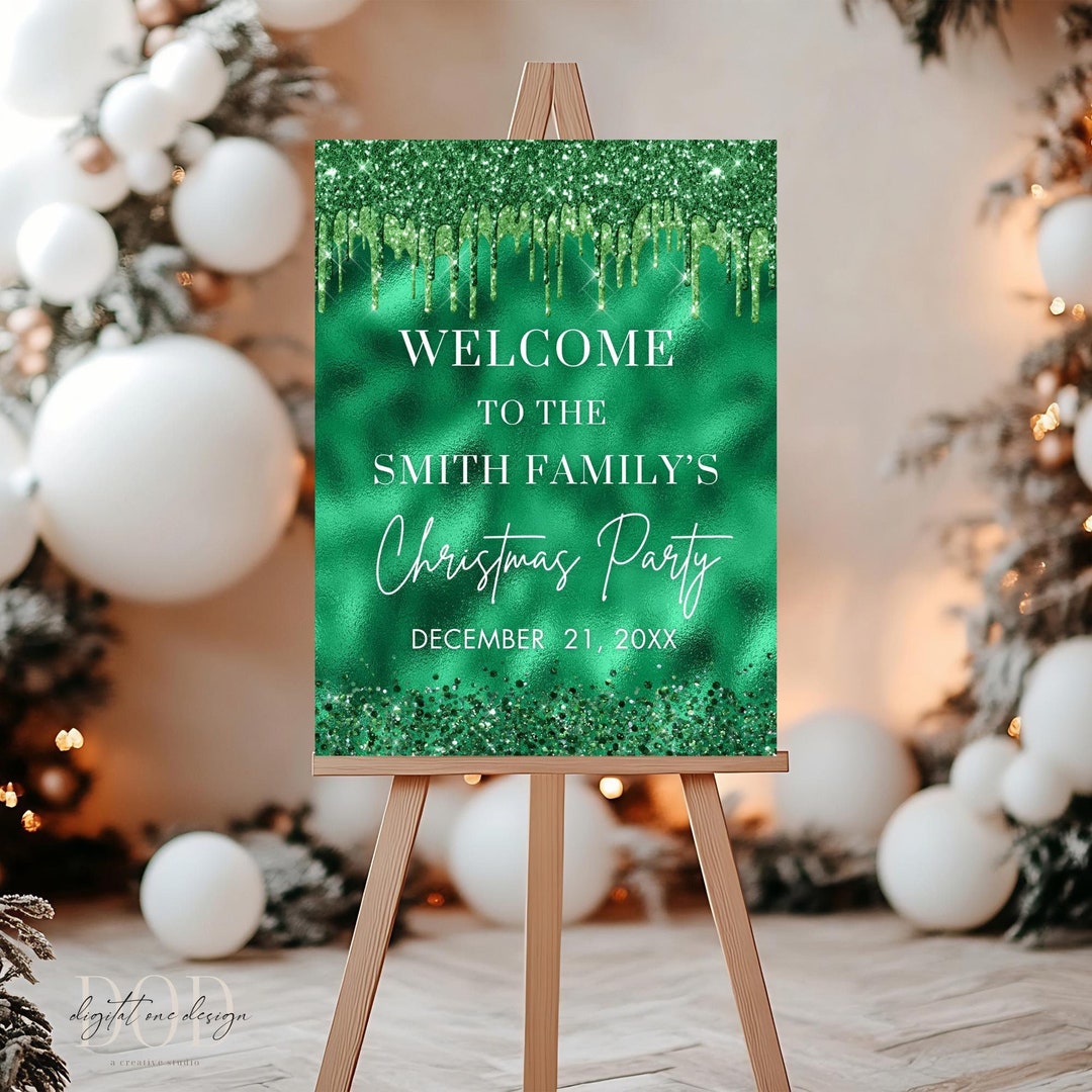 Christmas Party Welcome Sign, Green Glitter Drip, Holiday Party Welcome ...
