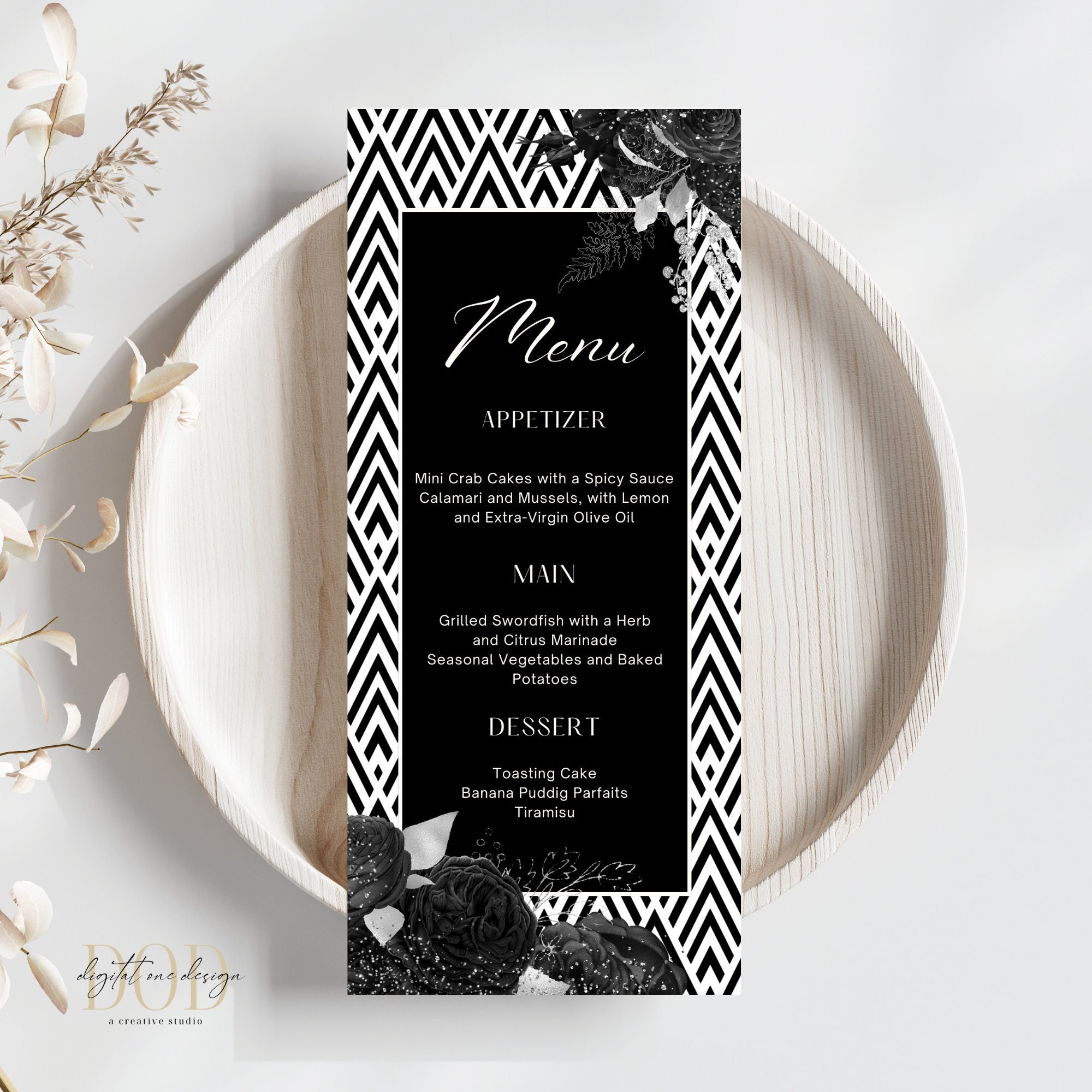 Editable Black and White Menu Card Template, Art Deco Abstract Black ...