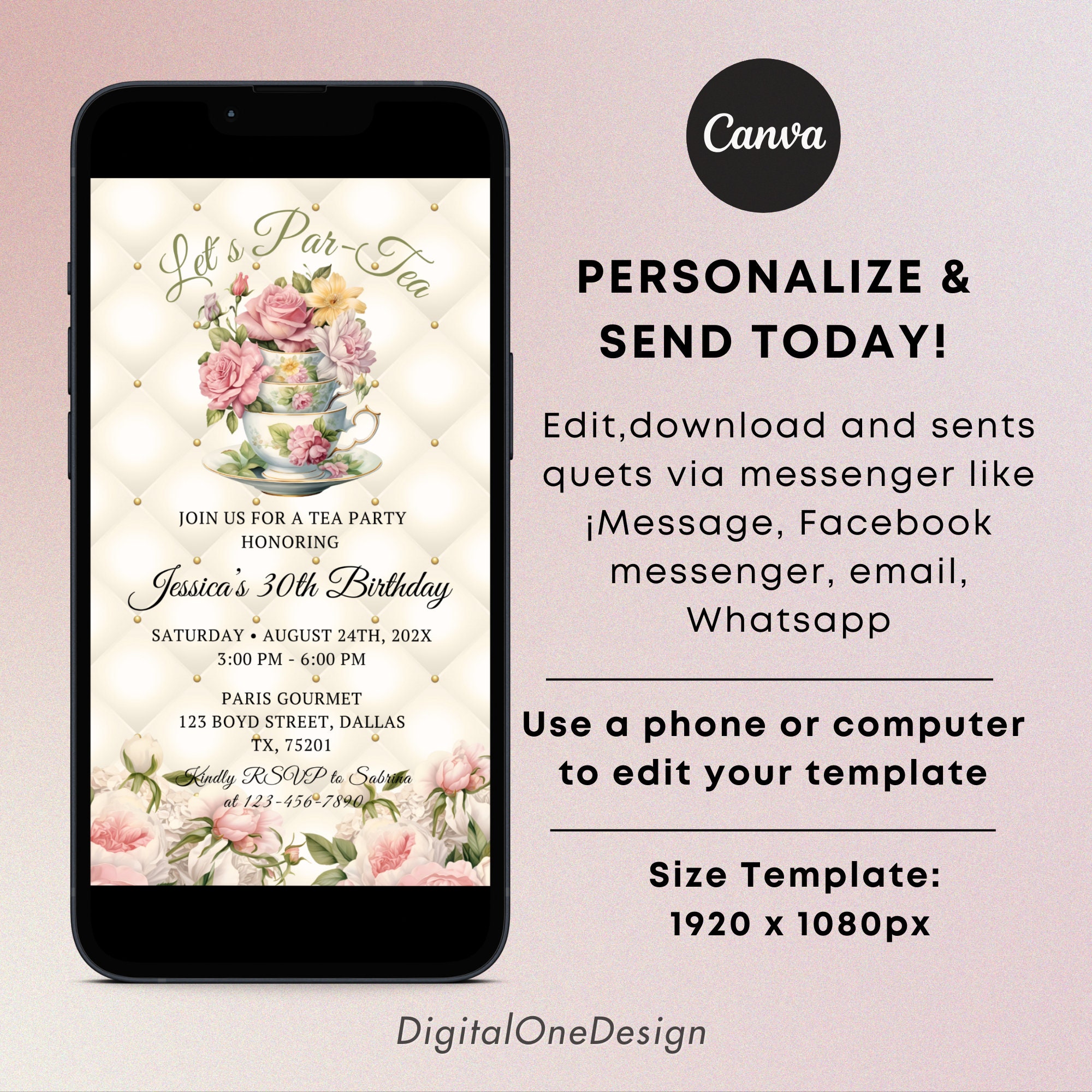 Charming Birthday Par-tea Invitation, Elegant High Tea Party Invite ...