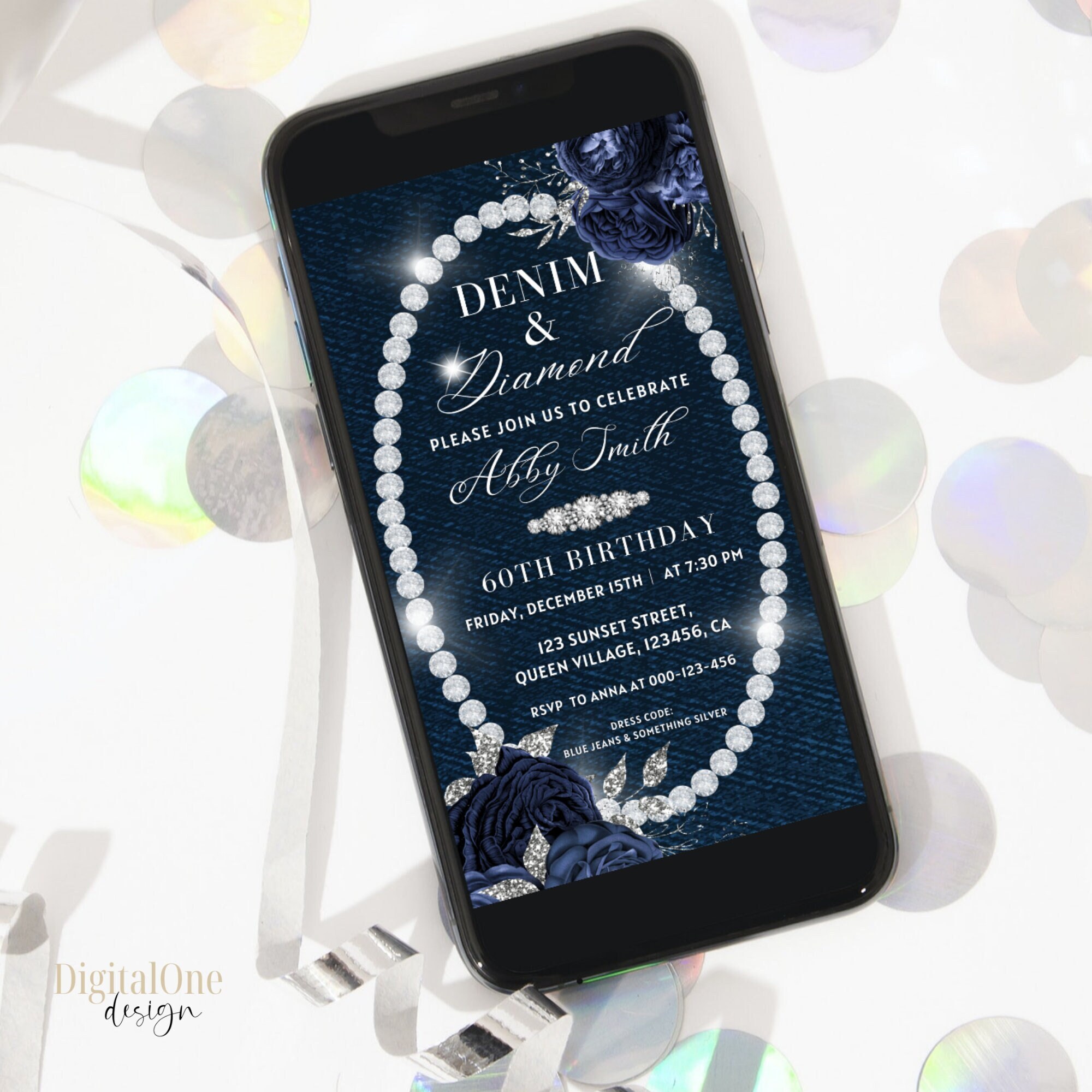 Editable Denim and Diamonds Birthday Invitation, Blue Jeans Bling Party ...