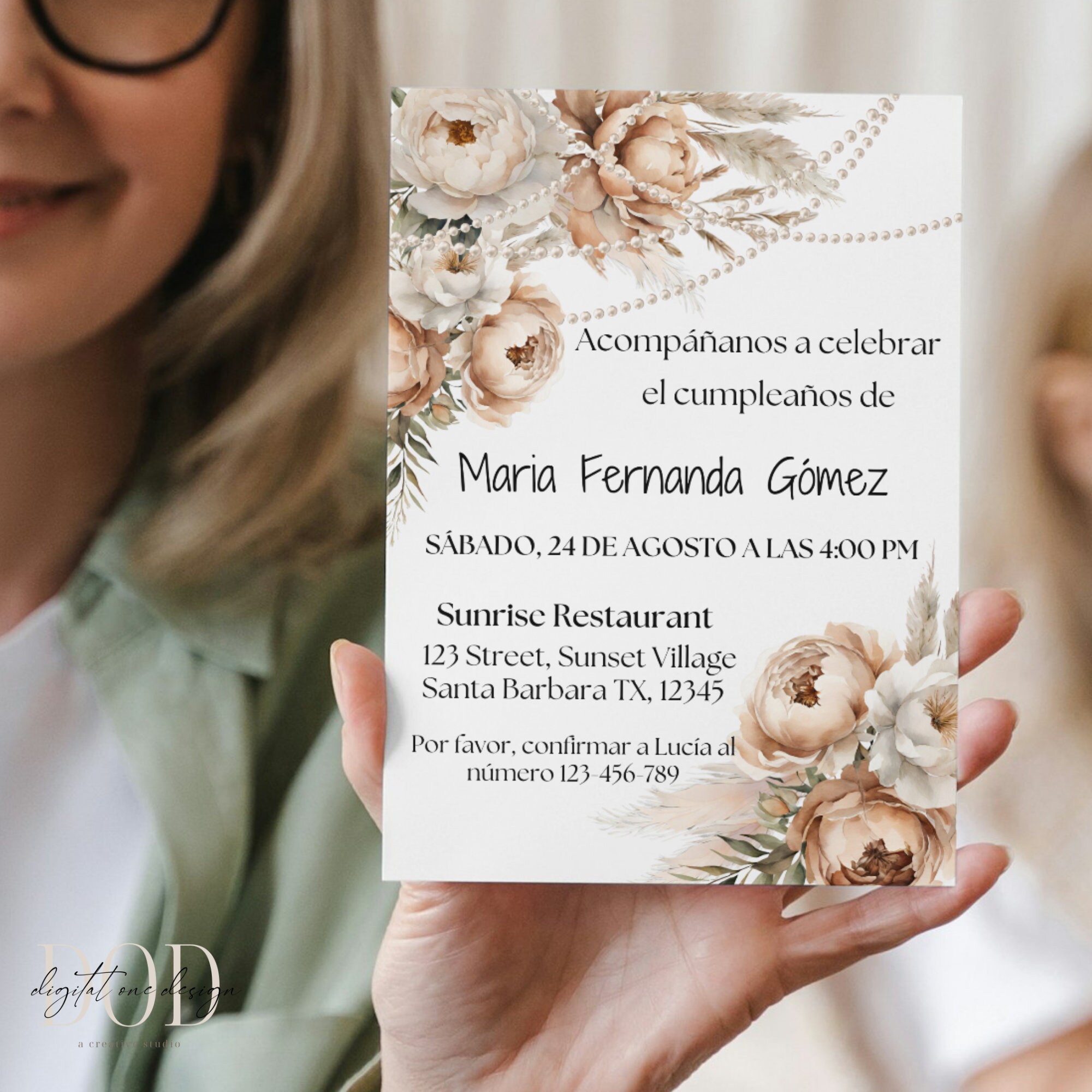 Spanish Boho Floral Birthday Invitation, Elegant Boho Floral and Pearls ...