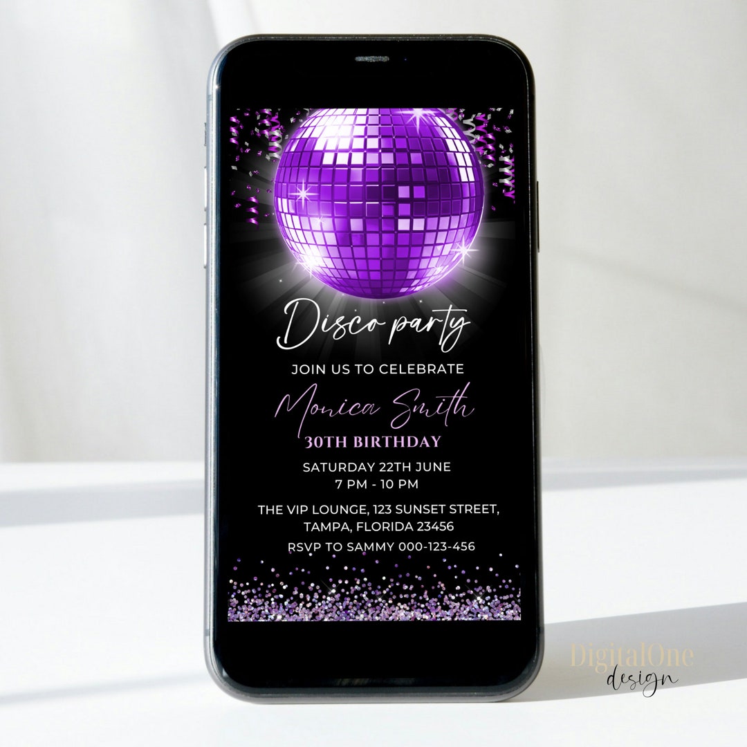 Editable Disco Ball Party Invitation, Purple Disco Ball Glitter, 70s ...