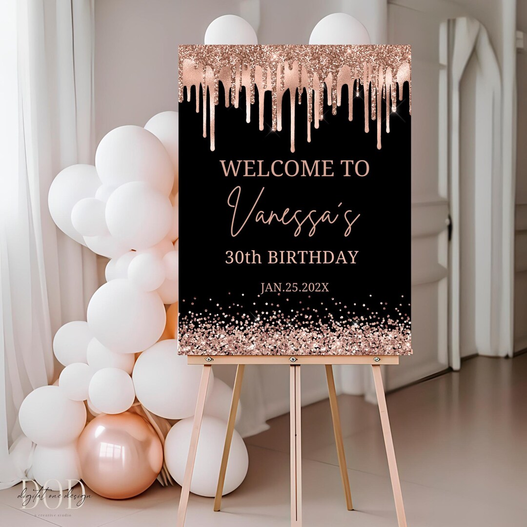 Rose Gold Birthday Welcome Sign, Rose Gold Glitter Drip and Black Theme ...