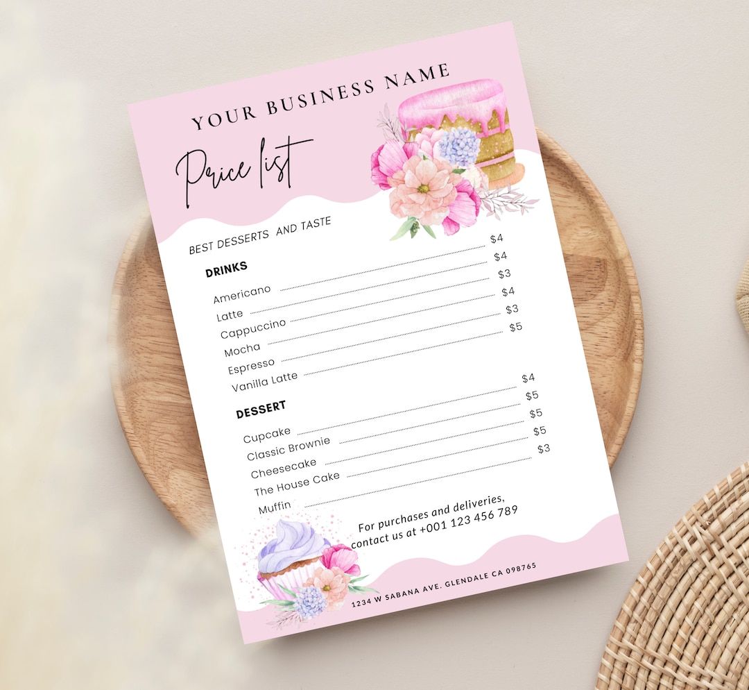 Bakery Price List Template, Cupcake Price List, Dessert Menu Template ...