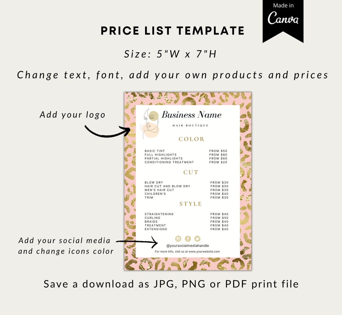 Price List Template Hair Pricing Sheet Salon Makeup Beauty - Etsy
