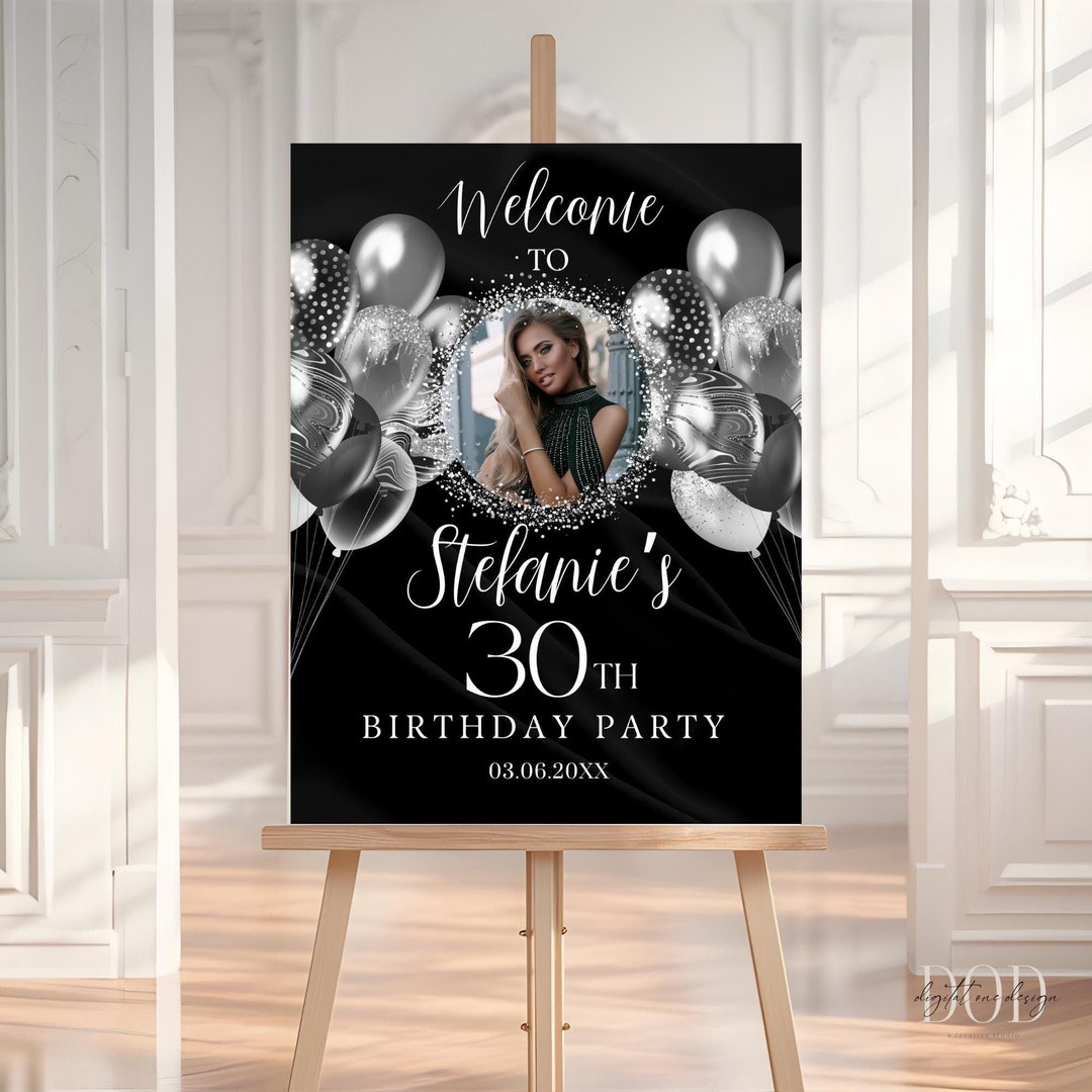 Personalized Black Silver Welcome Sign Photo, Silver Glitter Balloons ...