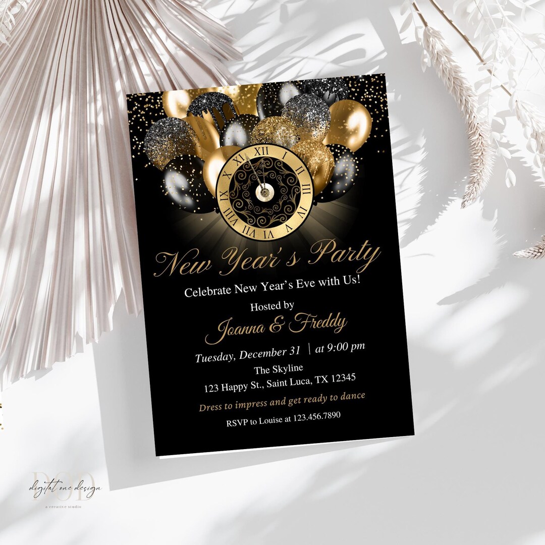 New Years Eve Party Invitation, Elegant Black & Gold Balloons and Clock ...