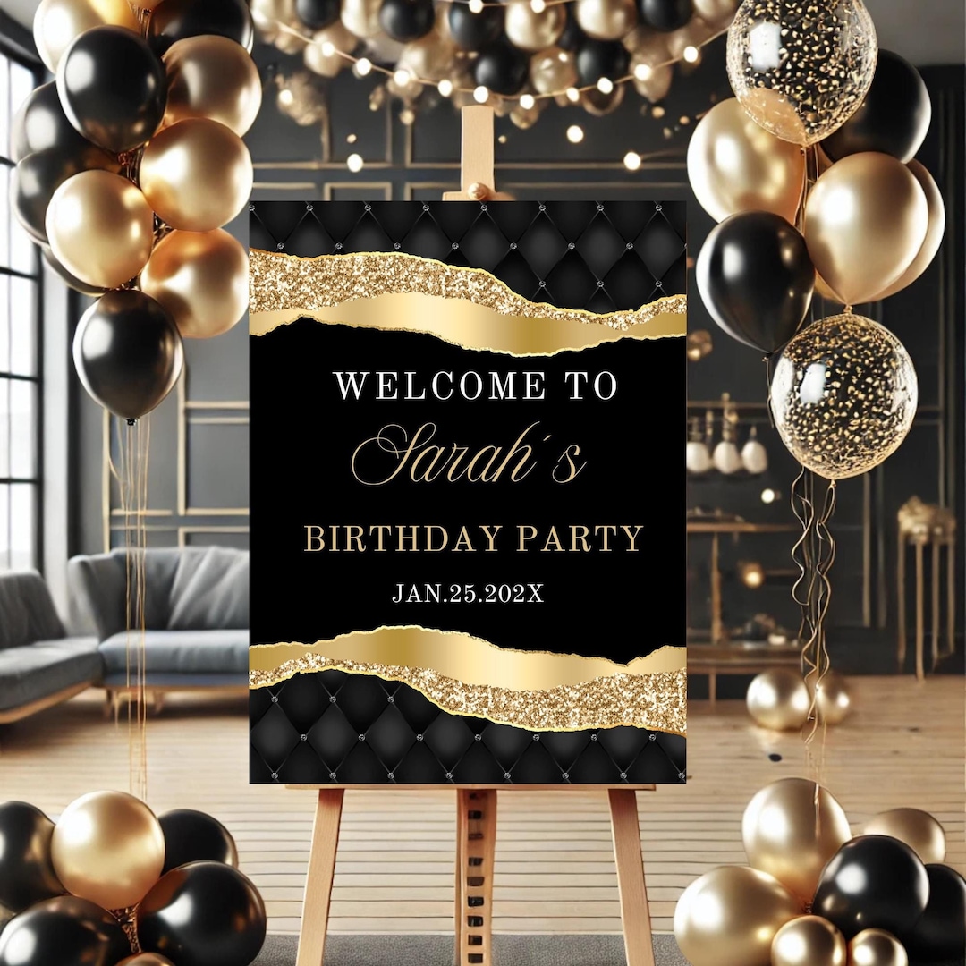 Black Gold Welcome Sign Birthday Party Entryway Decoration, Elegant ...