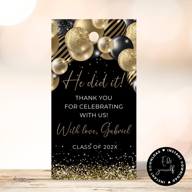Graduation Thank You Tags Printable, Elegant Gold & Black Balloons ...