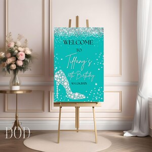 Diamonds Birthday Welcome Sign, Teal & Silver Diamonds High Heel Theme ...