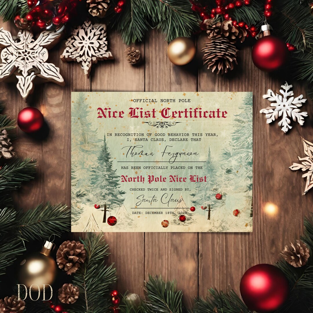 Santa Claus Official Nice List Certificate From the Desk of Santa North ...