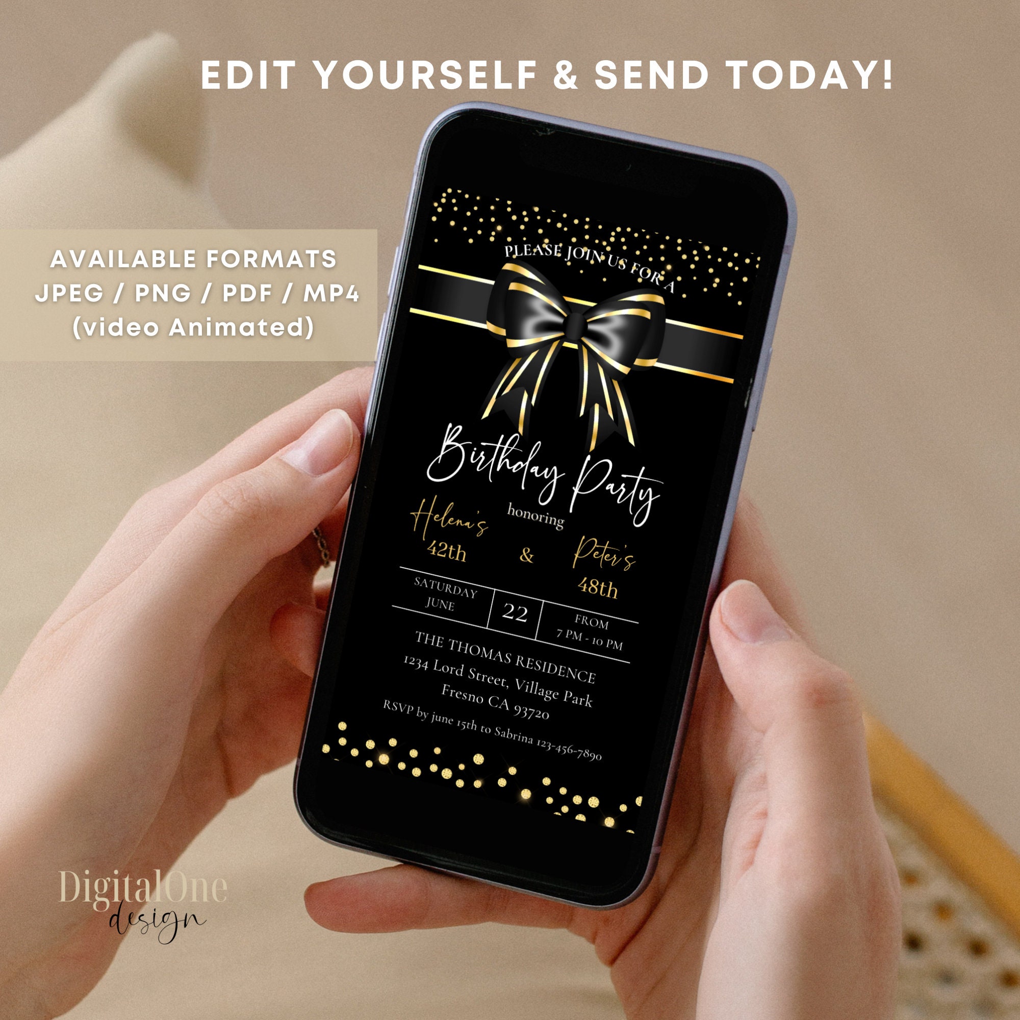 Double Birthday Party Invitation, Chic Black & Gold Bow With Diamonds ...