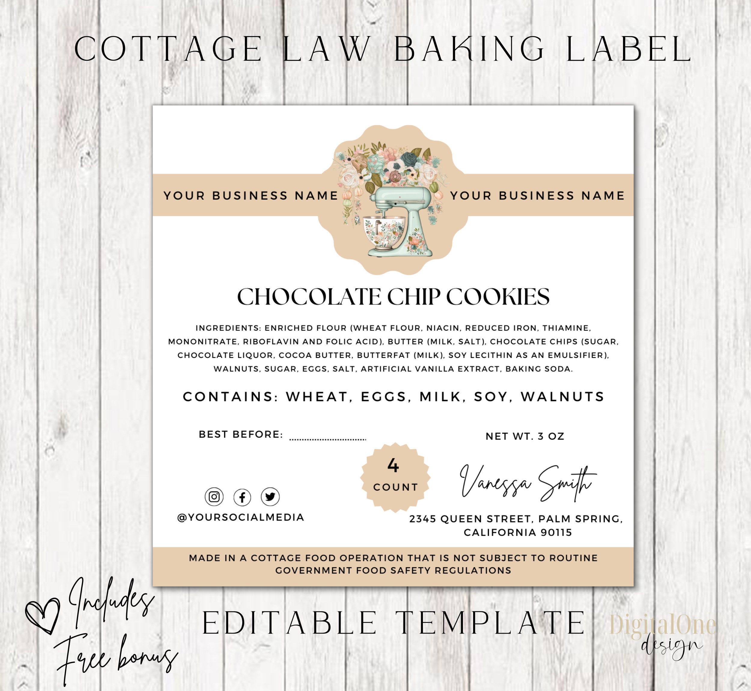 Editable Cottage Law Labels Template, Custom Home Bakery, Cookies ...