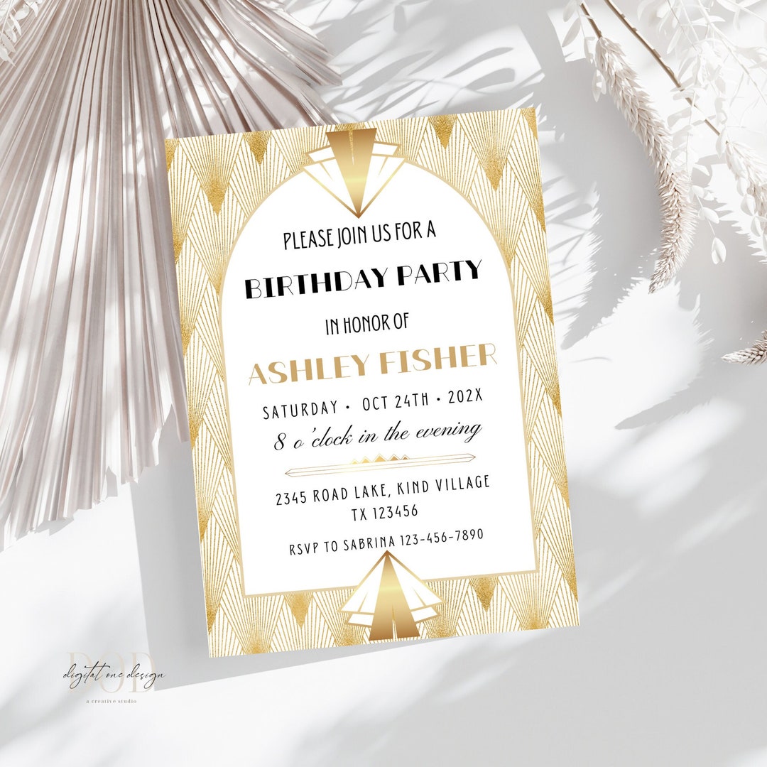 Modern Art Deco Birthday Party Invitation, Gold & White Gatsby 20s ...