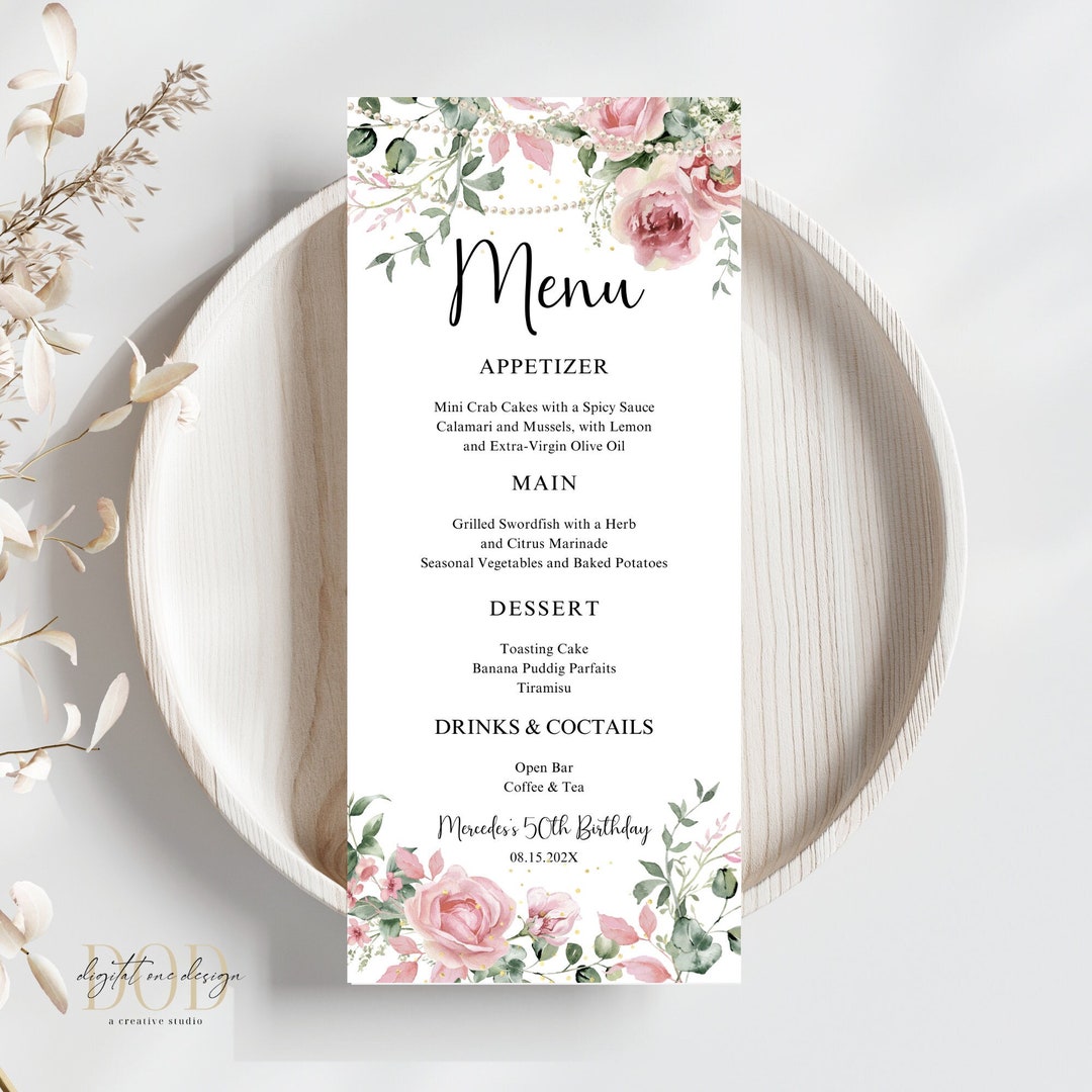 Elegant Birthday Menu Card Template, Pink Flowers & Pearls, Printable ...