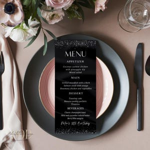 Editable Black Menu Card Template, Elegant Black Satin & Glitter Design ...
