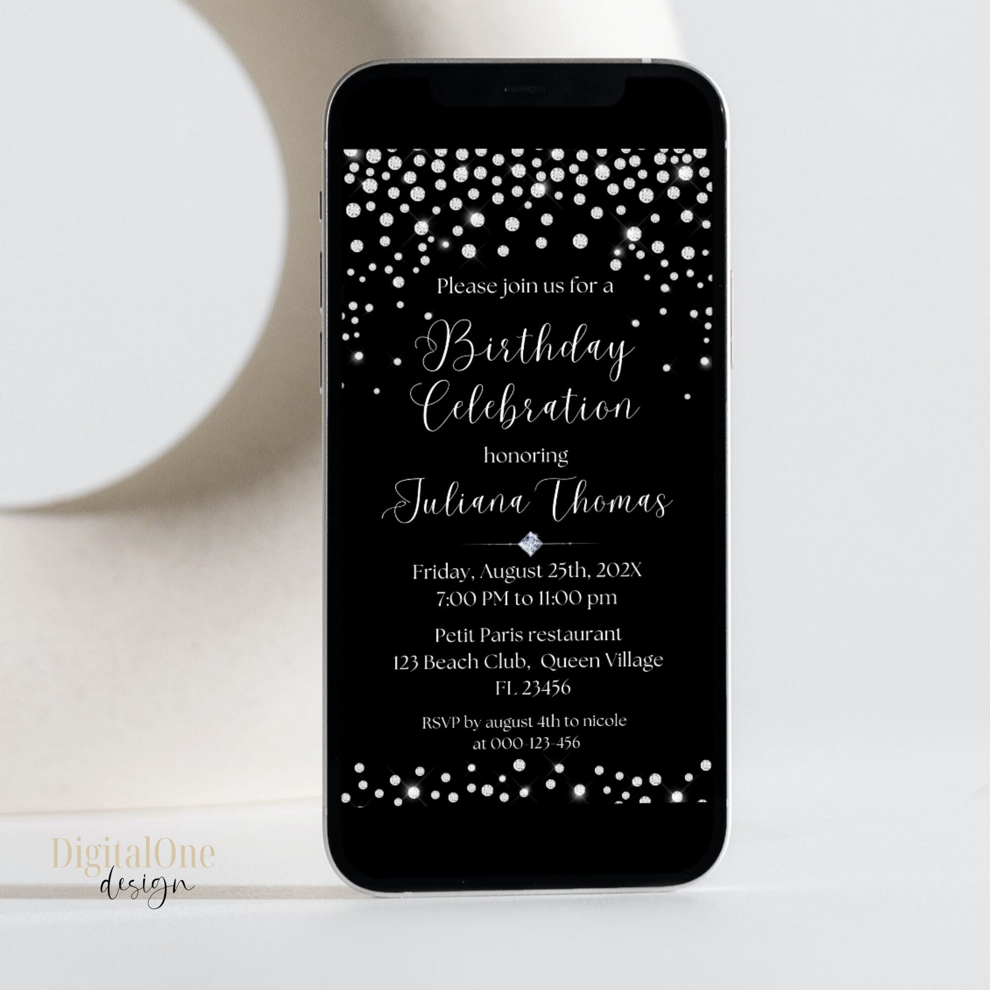 Elegant Diamond Birthday Invitation, Bling Silver Electronic Invite for ...