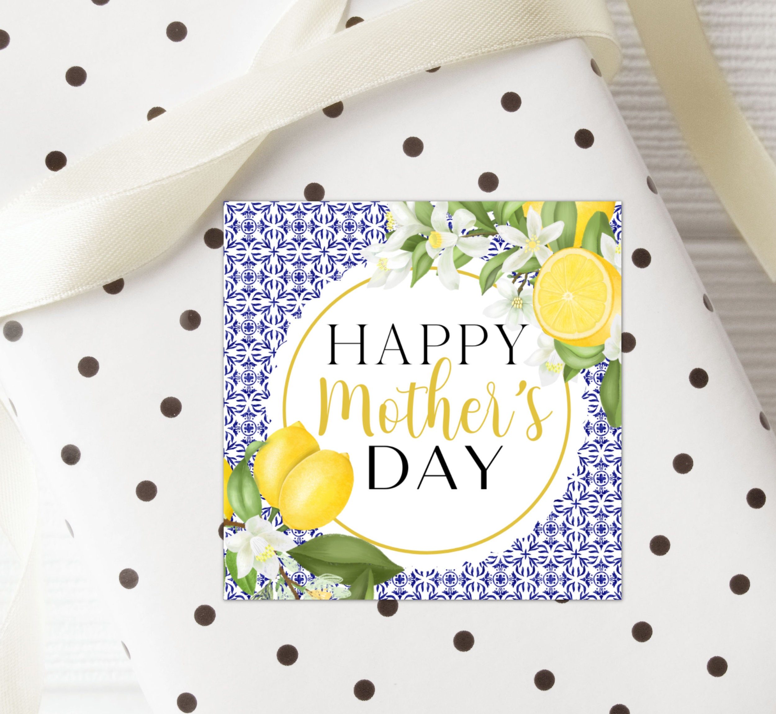 Lemon Happy Mother's Day Tag, Lemon Theme, Blue Tile, Printable Square ...