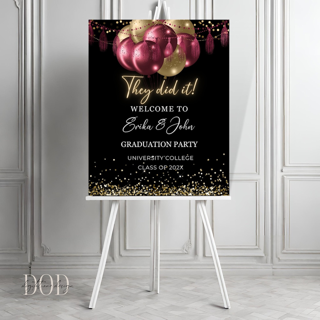 They Did It! Joint Graduation Party Welcome Sign, Burgundy & Gold ...