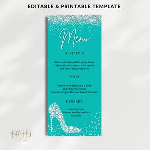 Diamonds Menu Card Template, Teal & Silver Glitter Diamonds High Heel ...