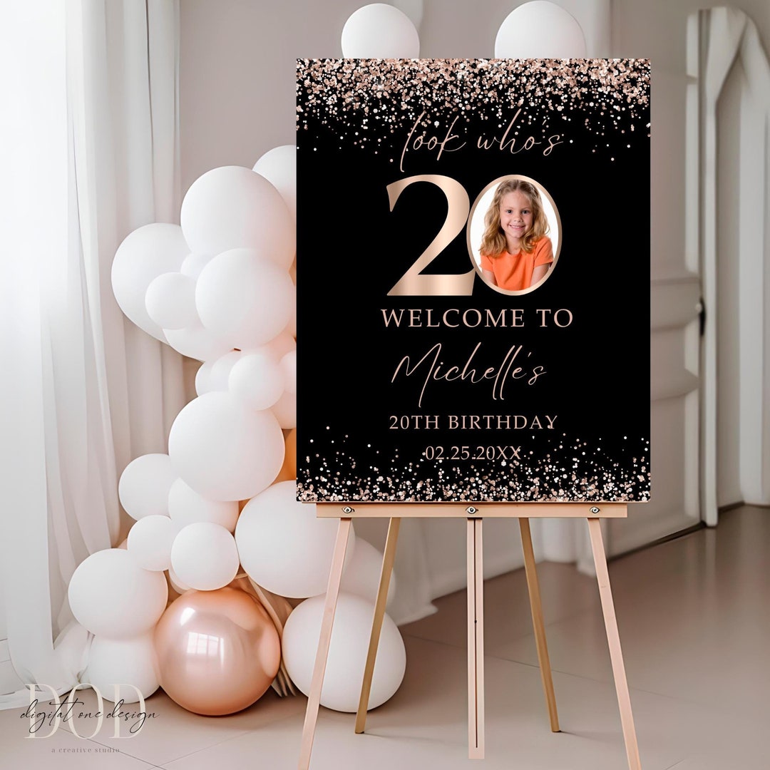 20th Birthday Welcome Sign, Look Who's 20, Rose Gold Confetti, 20th ...